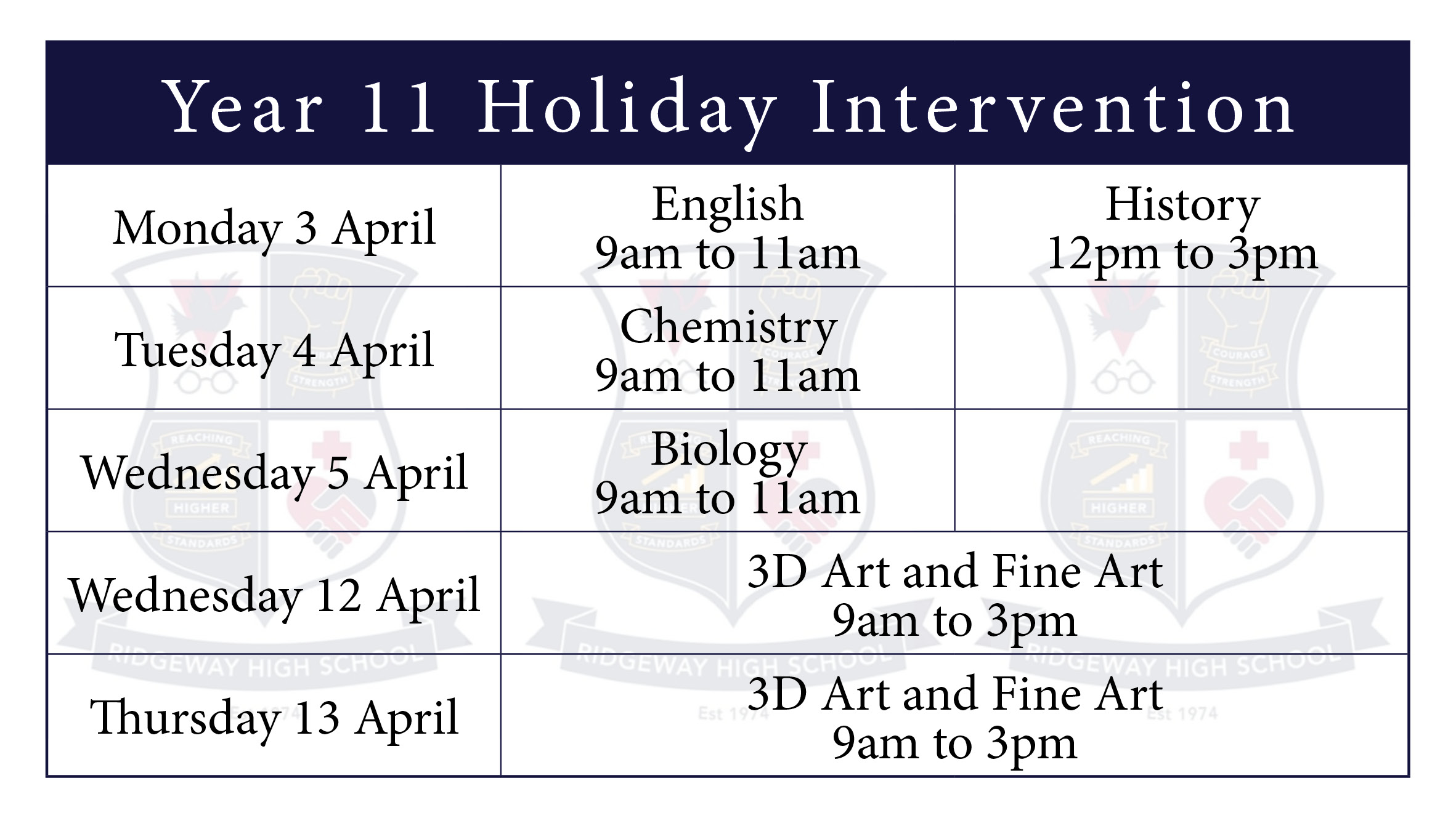 Intervention Timetable - Ridgeway High School